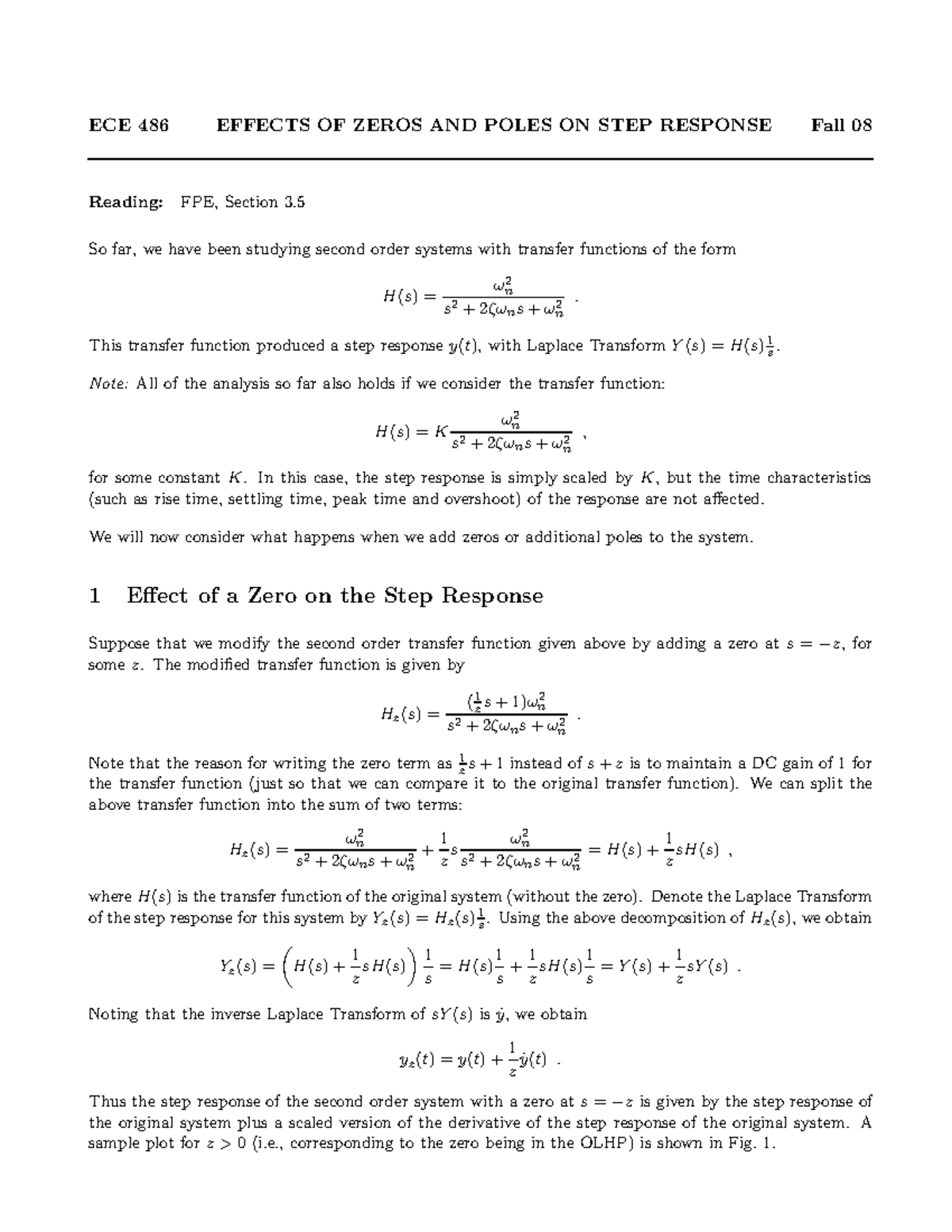 Step response -notes - ECE 486 EFFECTS OF ZEROS AND POLES ON STEP ...