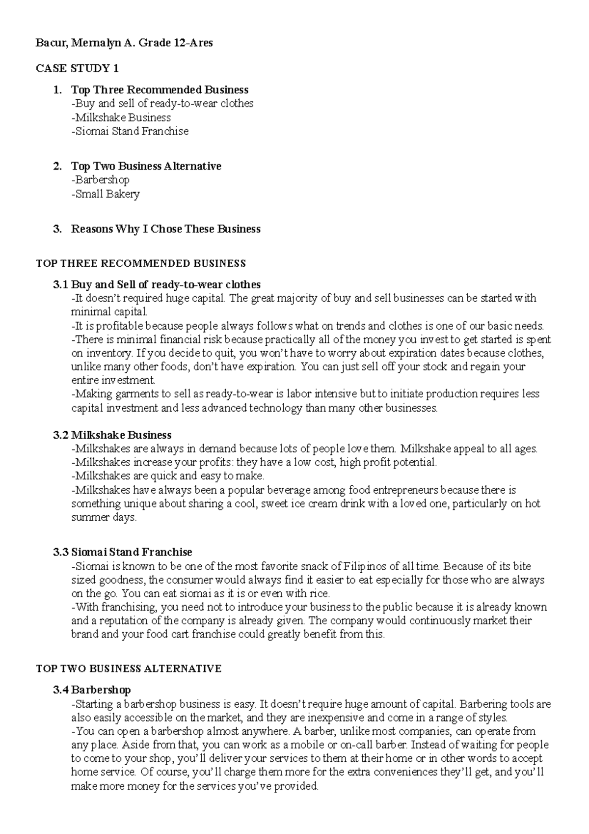 Business Finance Case Study 1 - Bacur, Mernalyn A. Grade 12-Ares CASE ...