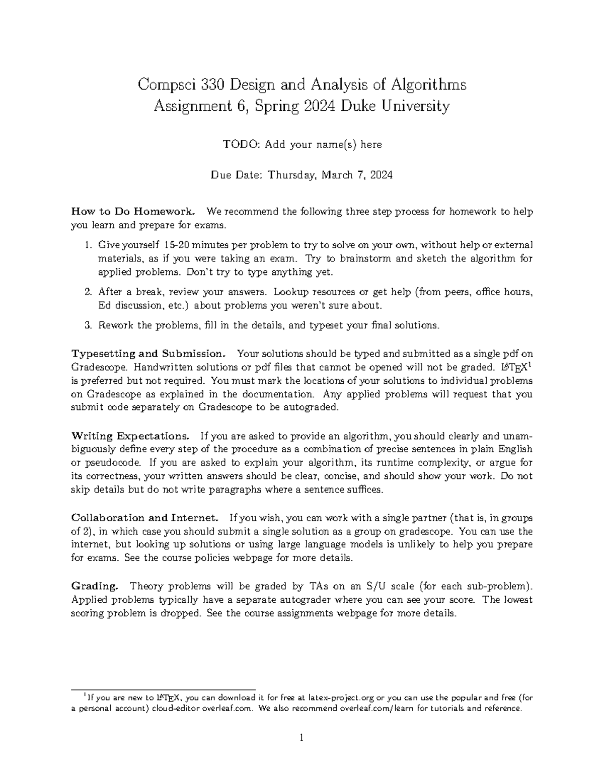 HW6 Handout - Homework 6 - Compsci 330 Design and Analysis of Algorithms Assignment 6, Spring ...