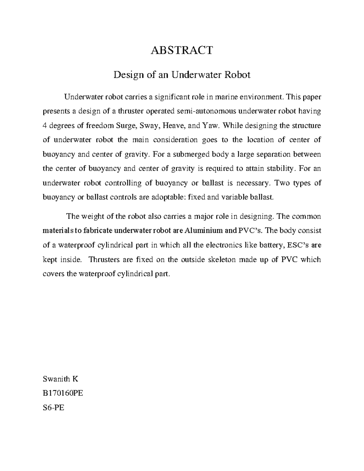 Abstract - Abc - ABSTRACT Design of an Underwater Robot Underwater ...