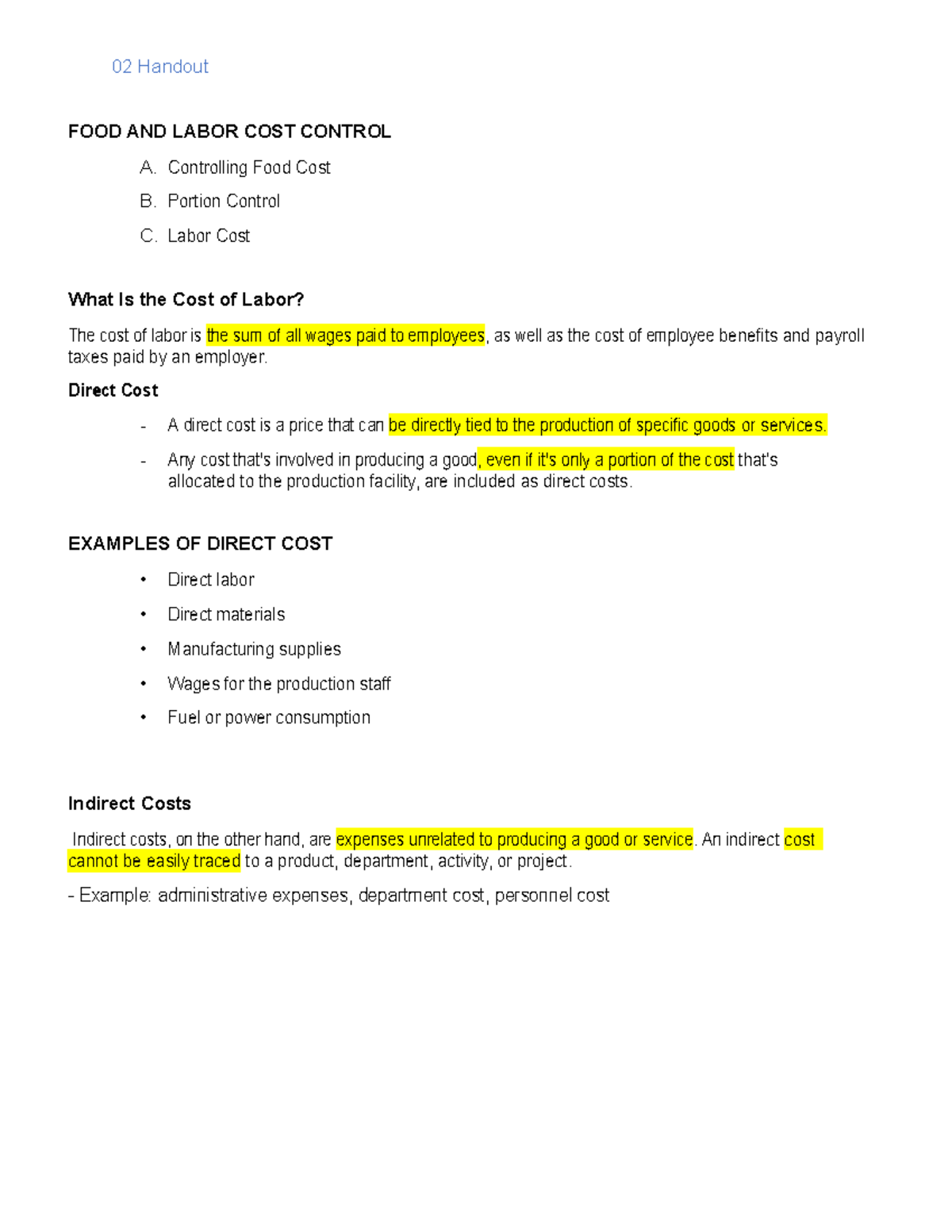 Finals- Gastro - FOOD AND LABOR COST CONTROL A. Controlling Food Cost B ...