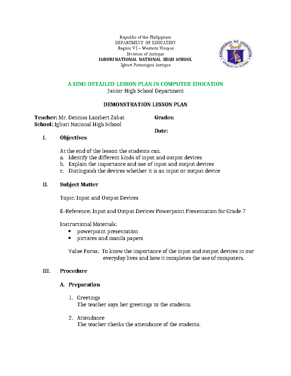 Lessonplan-inputoutput- Republic of the Philippines DEPARTMENT OF ...
