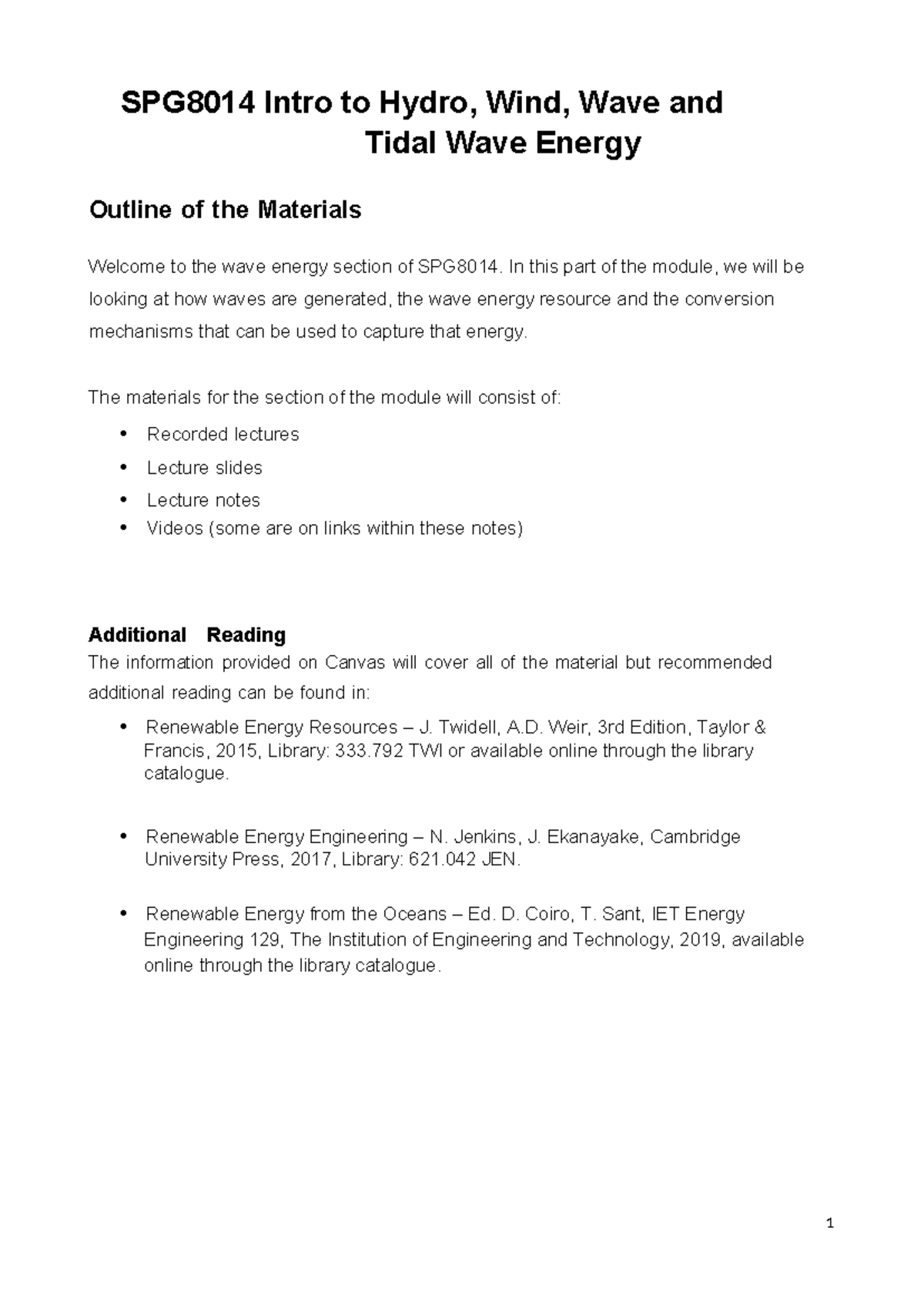 SPG8014 wave energy - assignment - SPG 8014 Intro to Hydro, Wind, Wave ...
