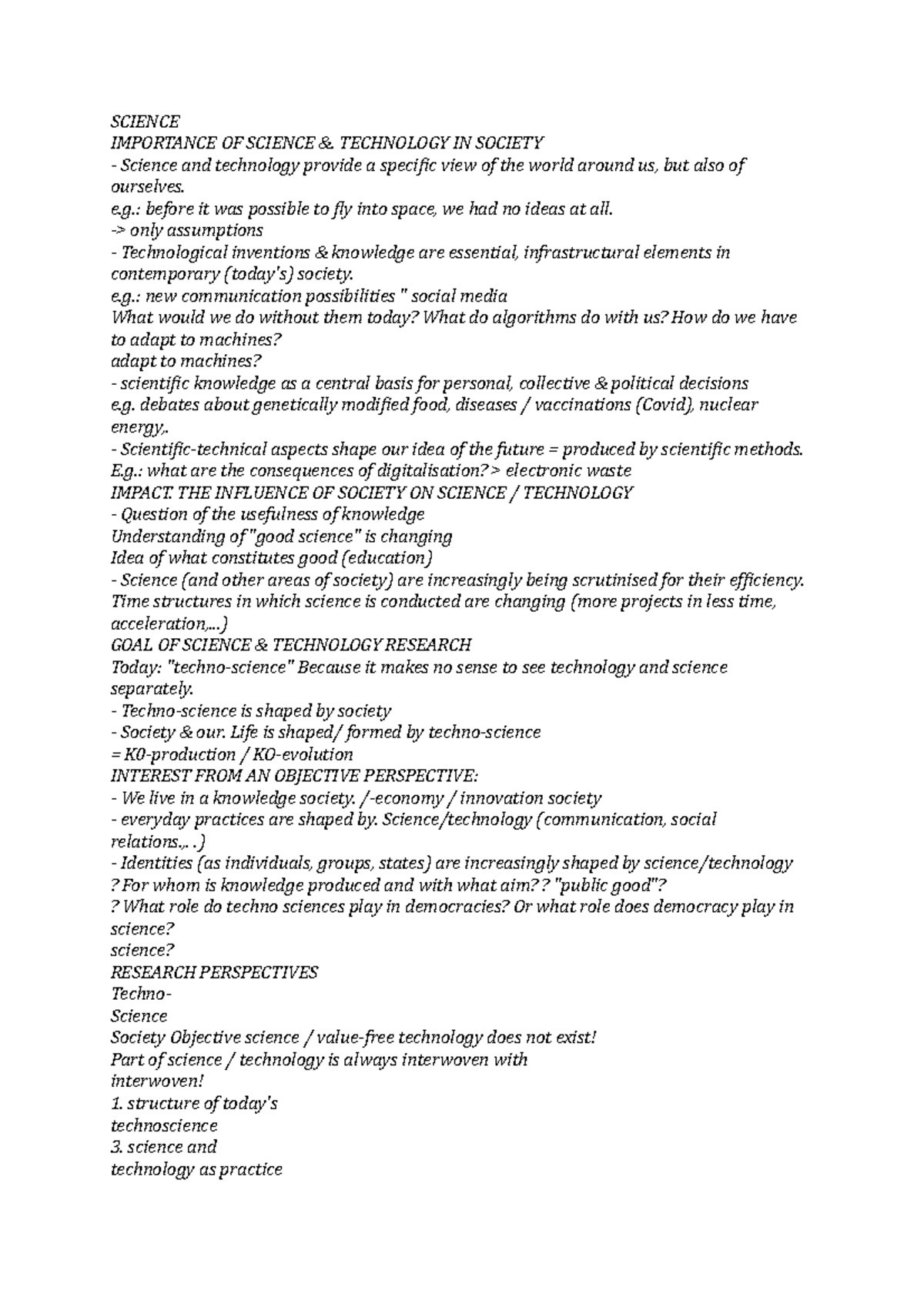 Science - Lecture notes 1 - SCIENCE IMPORTANCE OF SCIENCE &. TECHNOLOGY ...