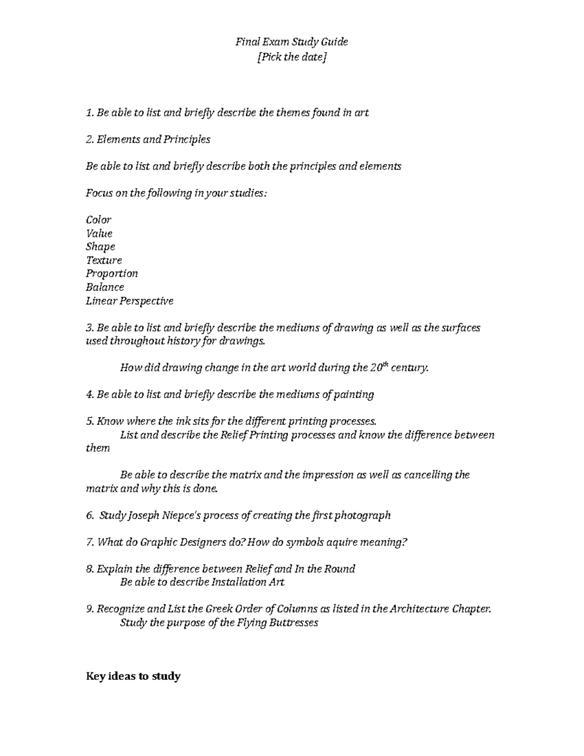 Art appreication study guide for final - Final Exam Study Guide [Pick ...