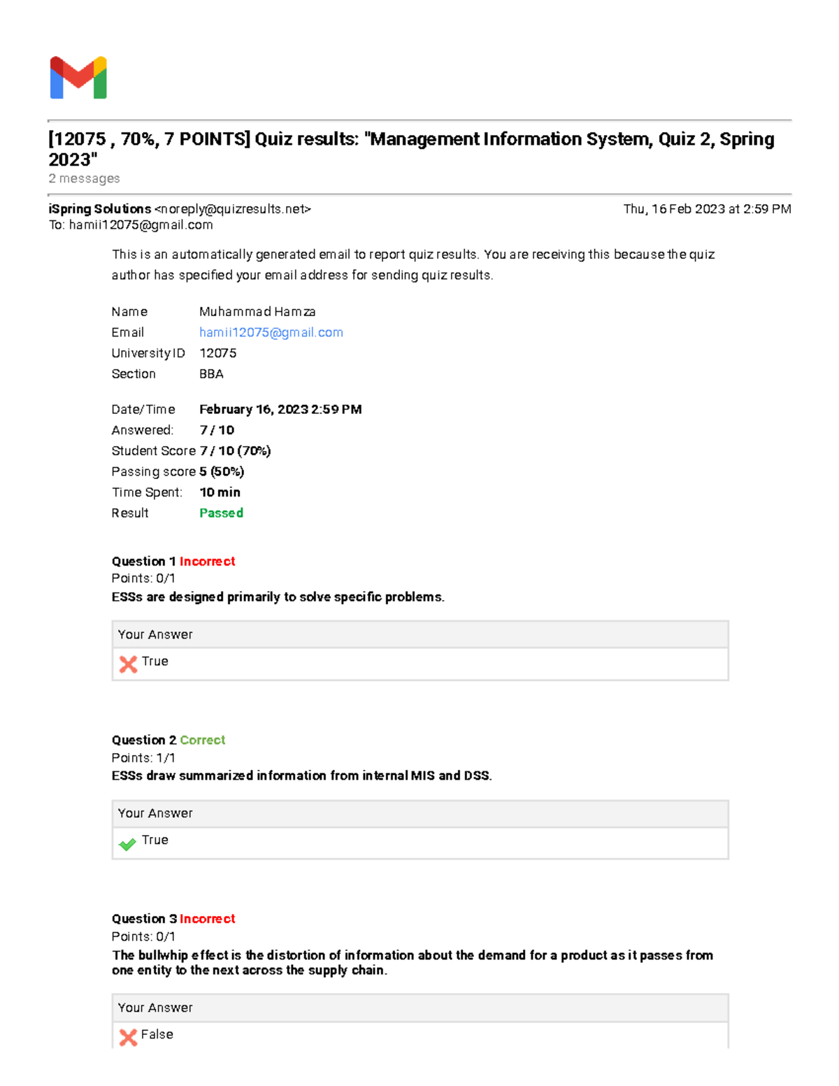 Gmail - [12075 , 70%, 7 Points] Quiz results Management Information System, Quiz 2, Spring 2023 ...