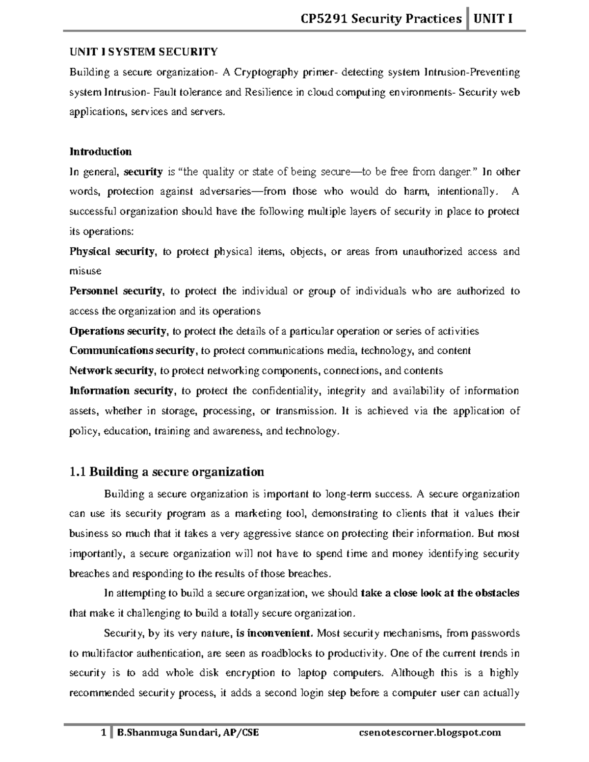 UNIT I System Security - UNIT I SYSTEM SECURITY Building a secure organization- A Cryptography ...