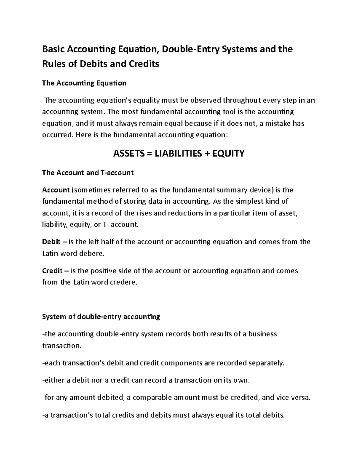 Lesson 3-Fundamentals of Accounting - Basic Accounting Equation, Double-Entry Systems and the ...