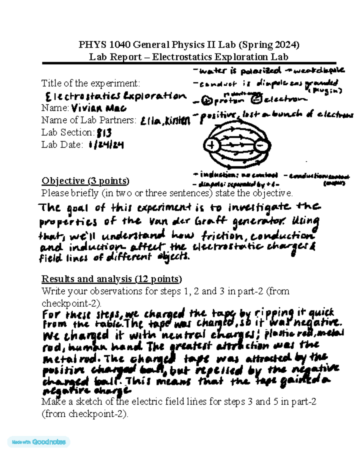 Electrostatics Lab Report 1 Template - PHYS 1040 General Physics II Lab (Spring 2024) Lab Report ...