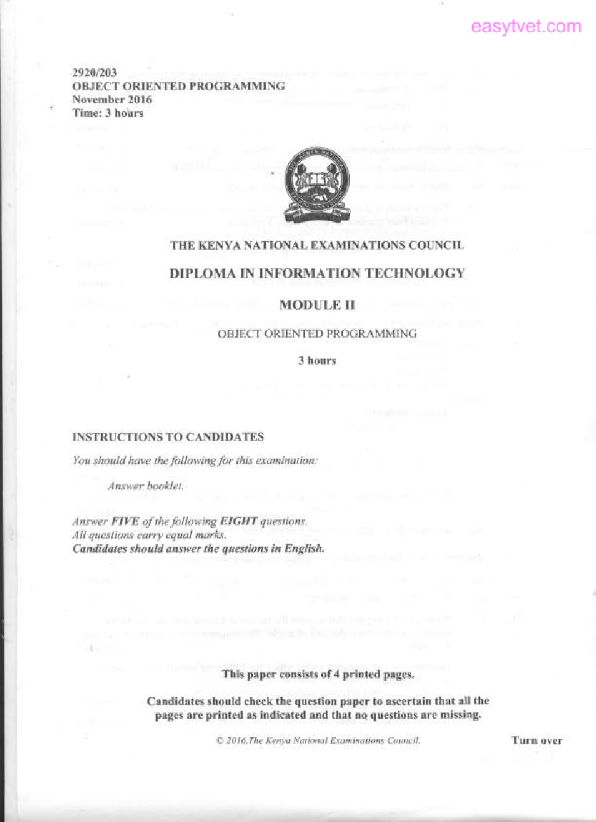 OOP 2016 nov - Copy - knec past paper - Information communication technology - Studocu