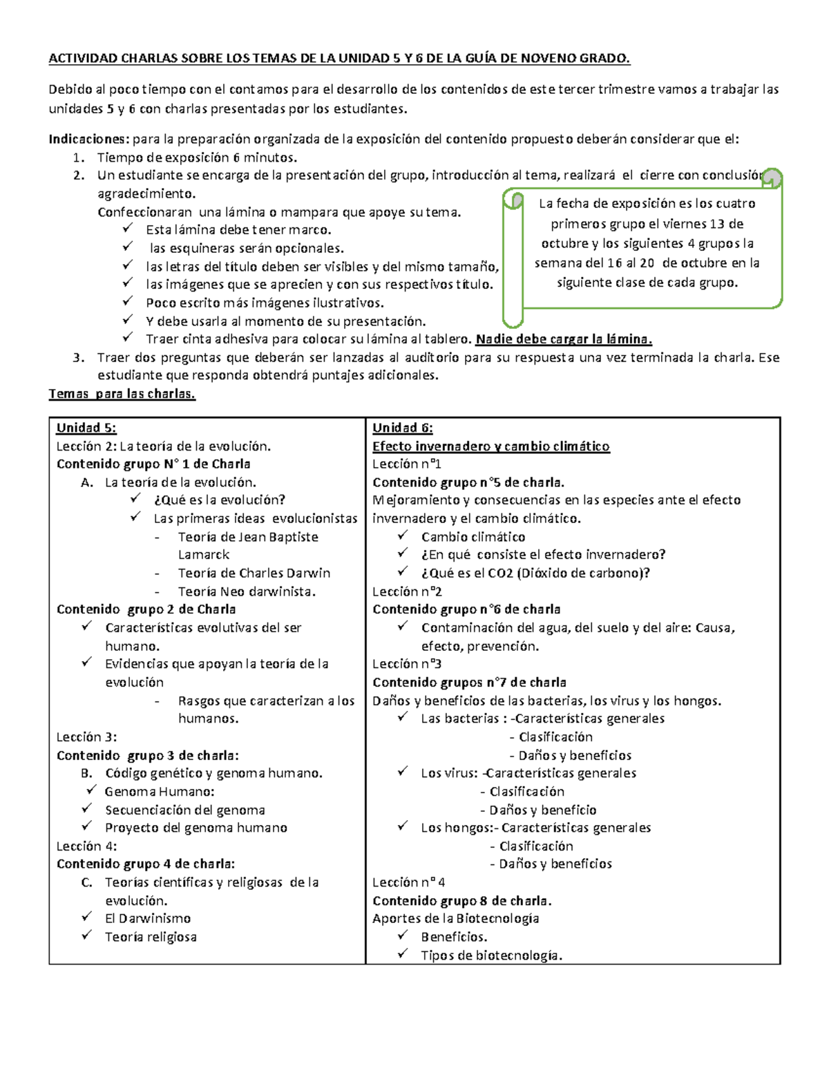 Actividad Charlas Sobre LOS Temas DE LA Unidad 5 Y 6 DE LA GUÍA DE ...