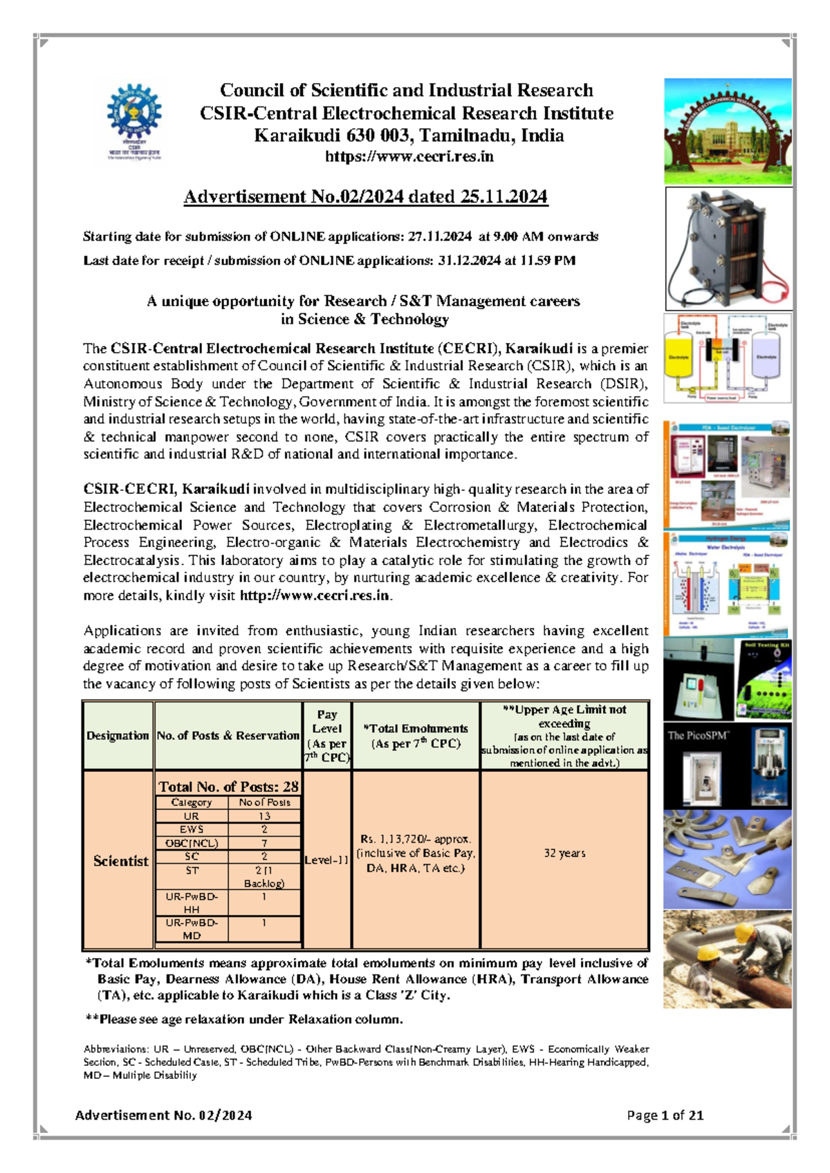 CSIR- Cecri Scientist Recruitment 2024 - Council of Scientific and ...
