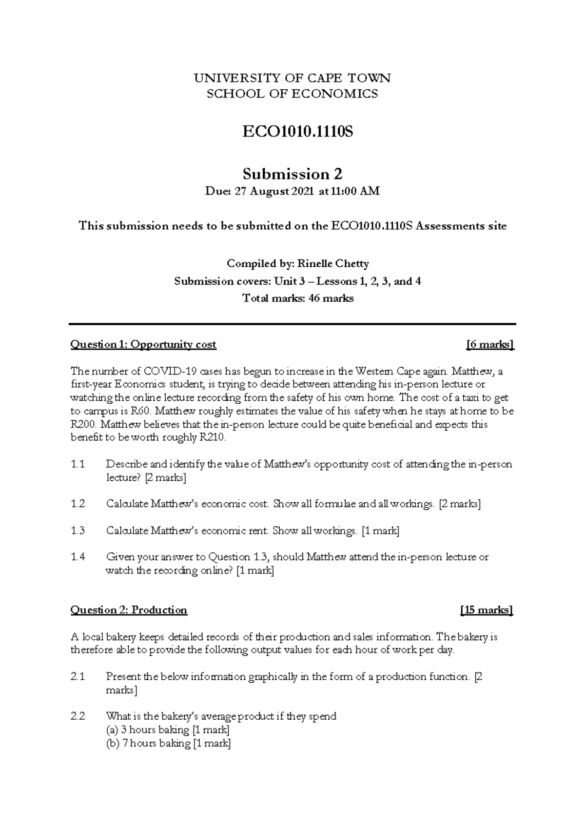 ECO1010.1110S Submission 2 tutorial submission for week 4 - UNIVERSITY ...