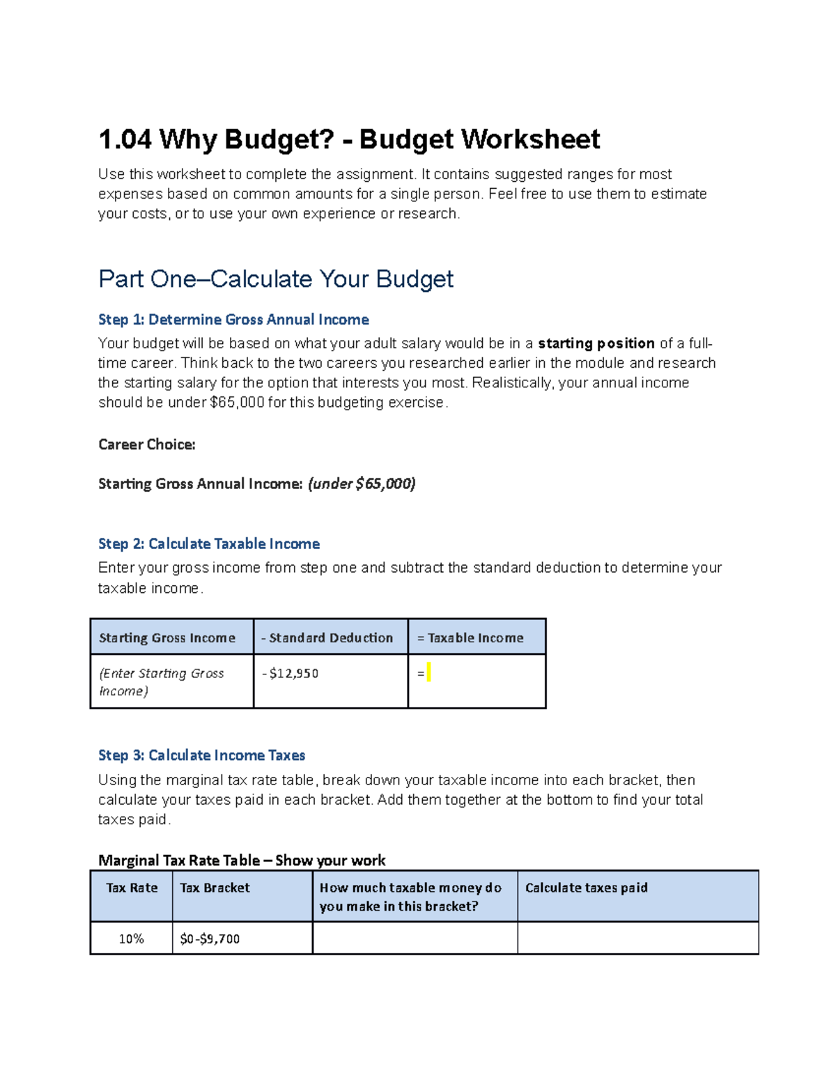 Budget worksheet - work that needs to be done - 1 Why Budget? - Budget ...