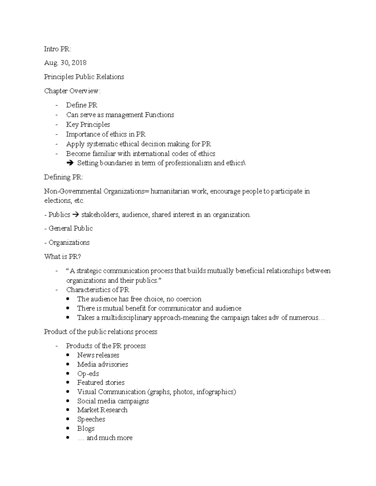 PR Notes pt - Intro PR: Aug. 30, 2018 Principles Public Relations ...