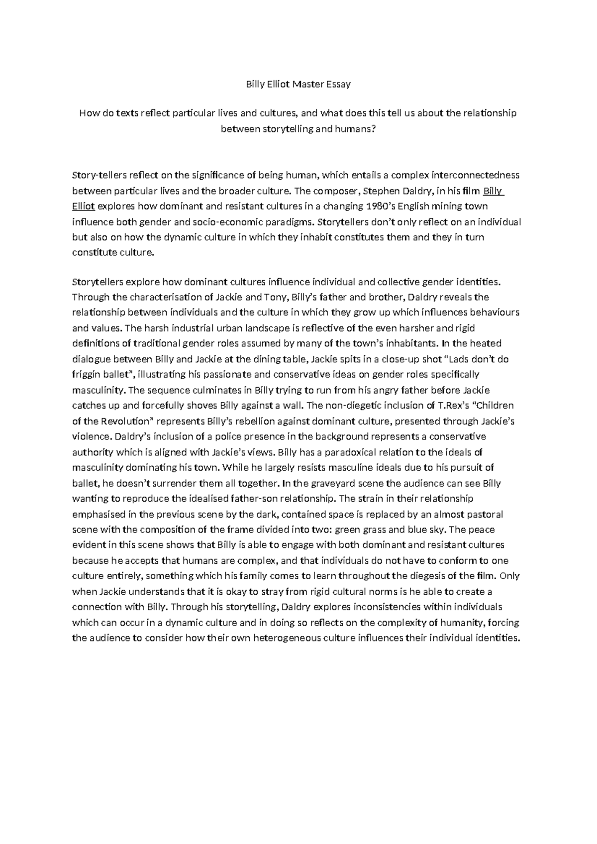 NEW English Standard - Billy Elliot Master Essay - Billy Elliot Master ...