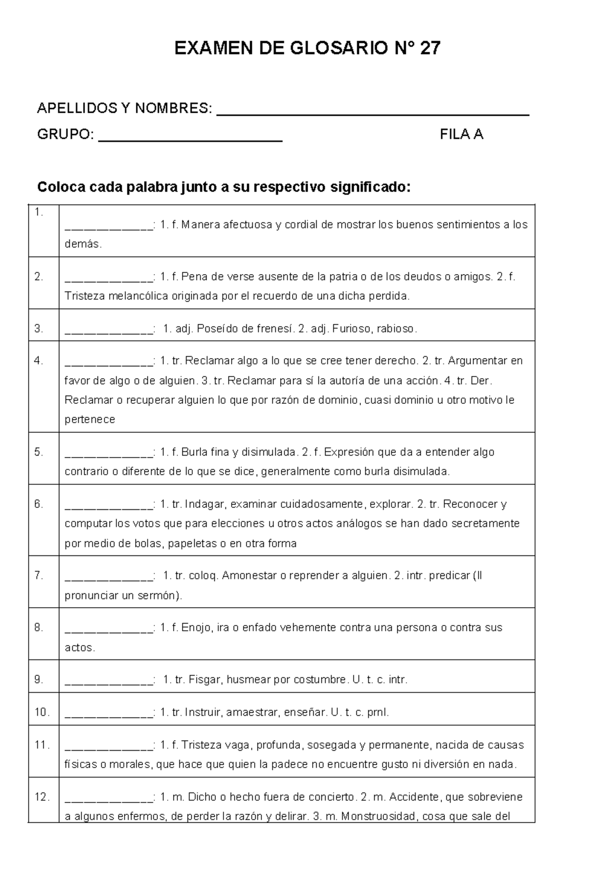 Examen DE Glosario en español para comprensión de lectura - EXAMEN DE GLOSARIO N° 27 APELLIDOS Y ...
