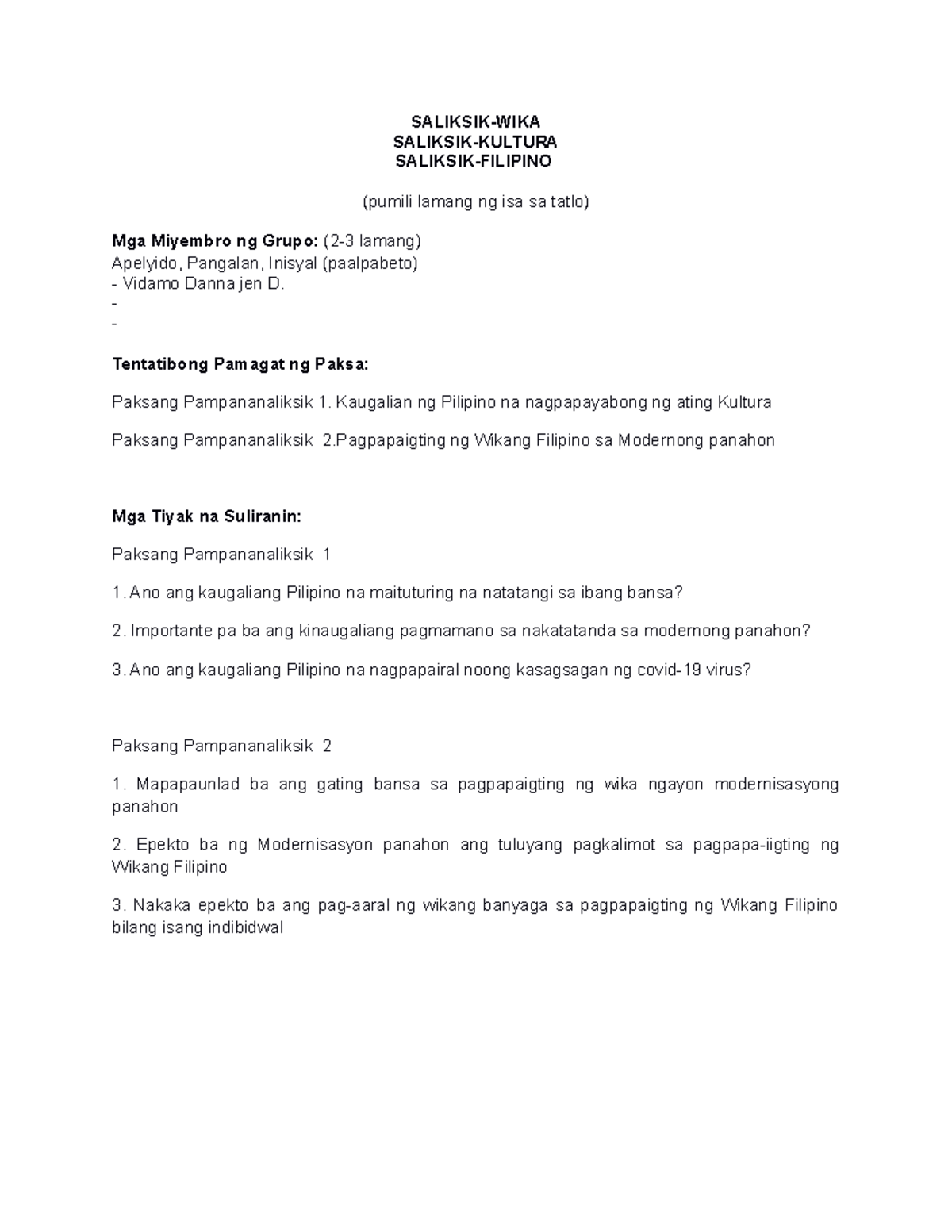 544806145 Draft Ng Saliksik - SALIKSIK-WIKA SALIKSIK-KULTURA SALIKSIK ...