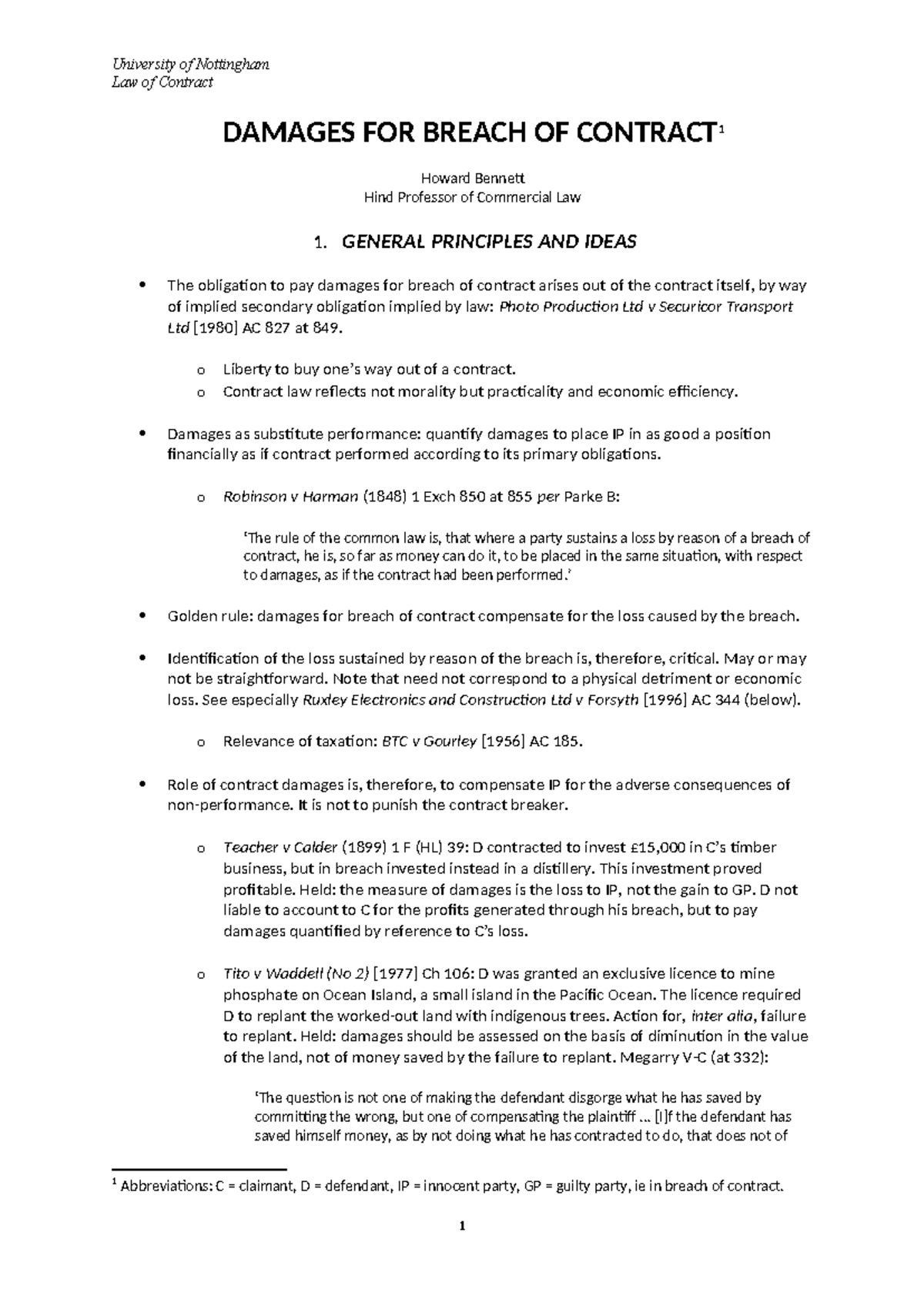 Remedies - notes - Law of Contract DAMAGES FOR BREACH OF CONTRACT 1 ...