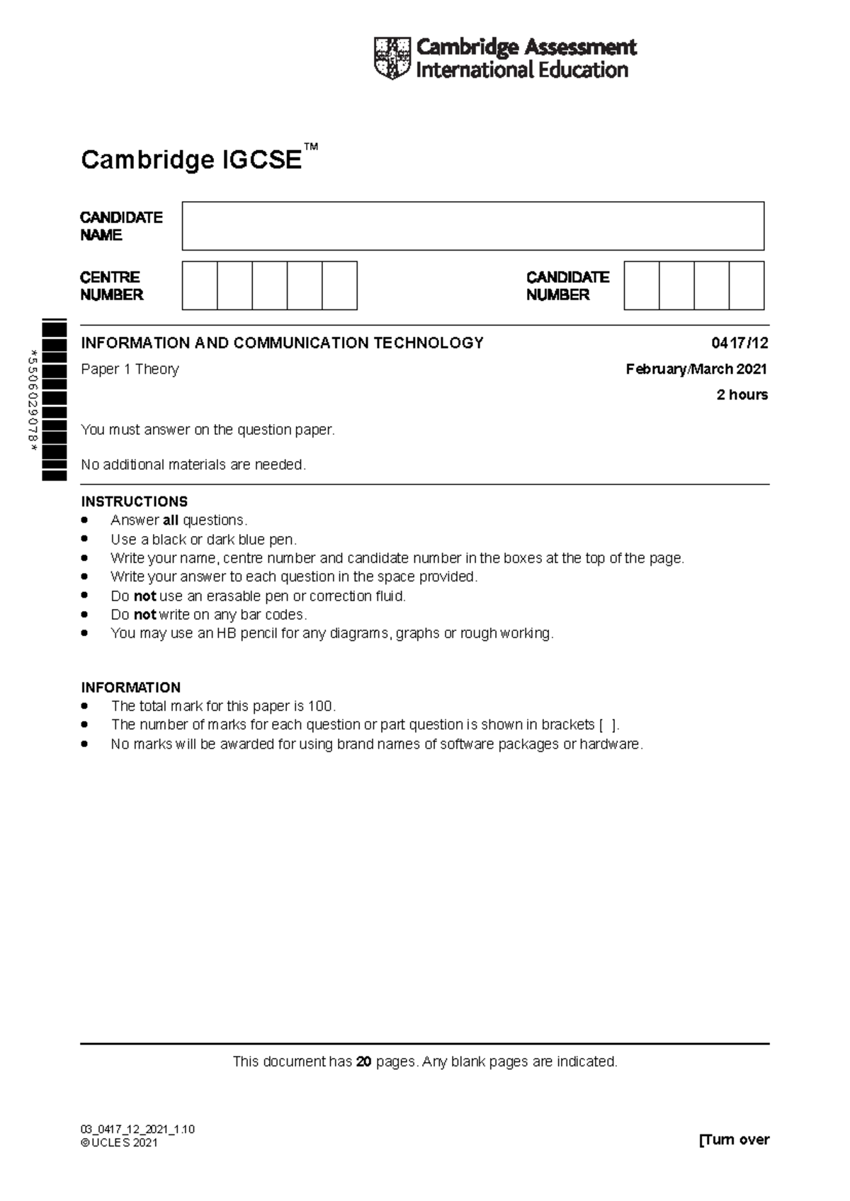 0417 Information and Communication Technology March 2021 Question Paper ...