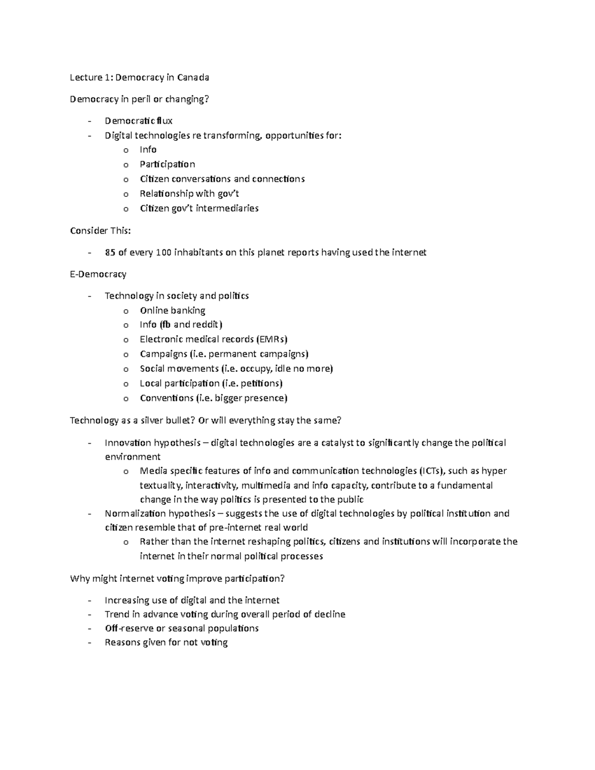 Lecture 1 - Canadian democracy - Lecture 1: Democracy in Canada ...