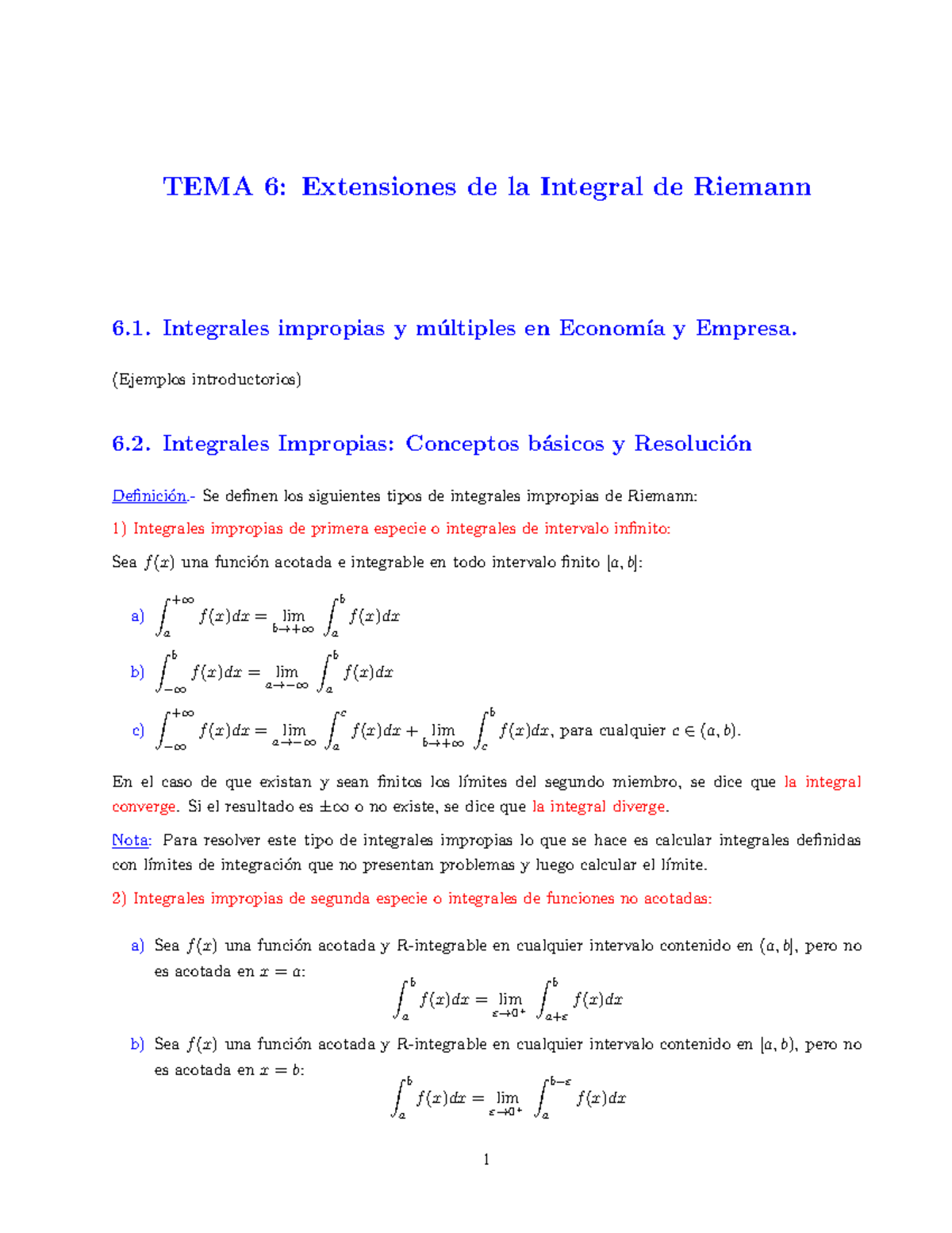 Apuntes del Tema 6 - TEMA 6: Extensiones de la Integral de Riemann 6 ...