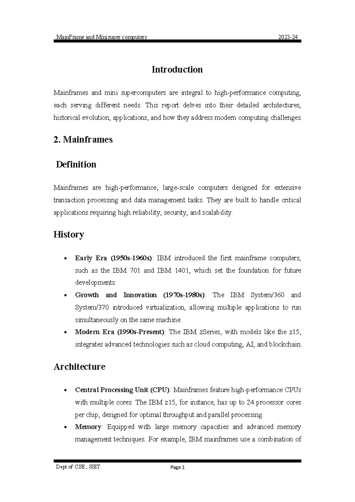ACA - notes - Introduction Mainframes and mini supercomputers are ...