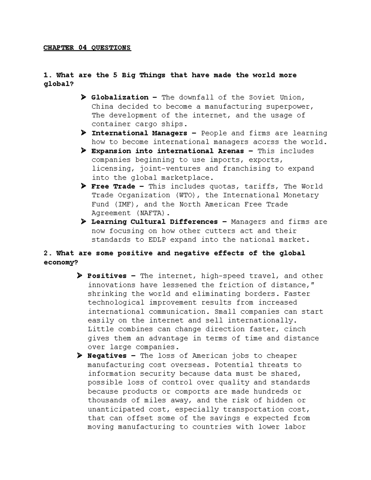 Ch 4 Questions - CHAPTER 04 QUESTIONS 1. What are the 5 Big Things that ...