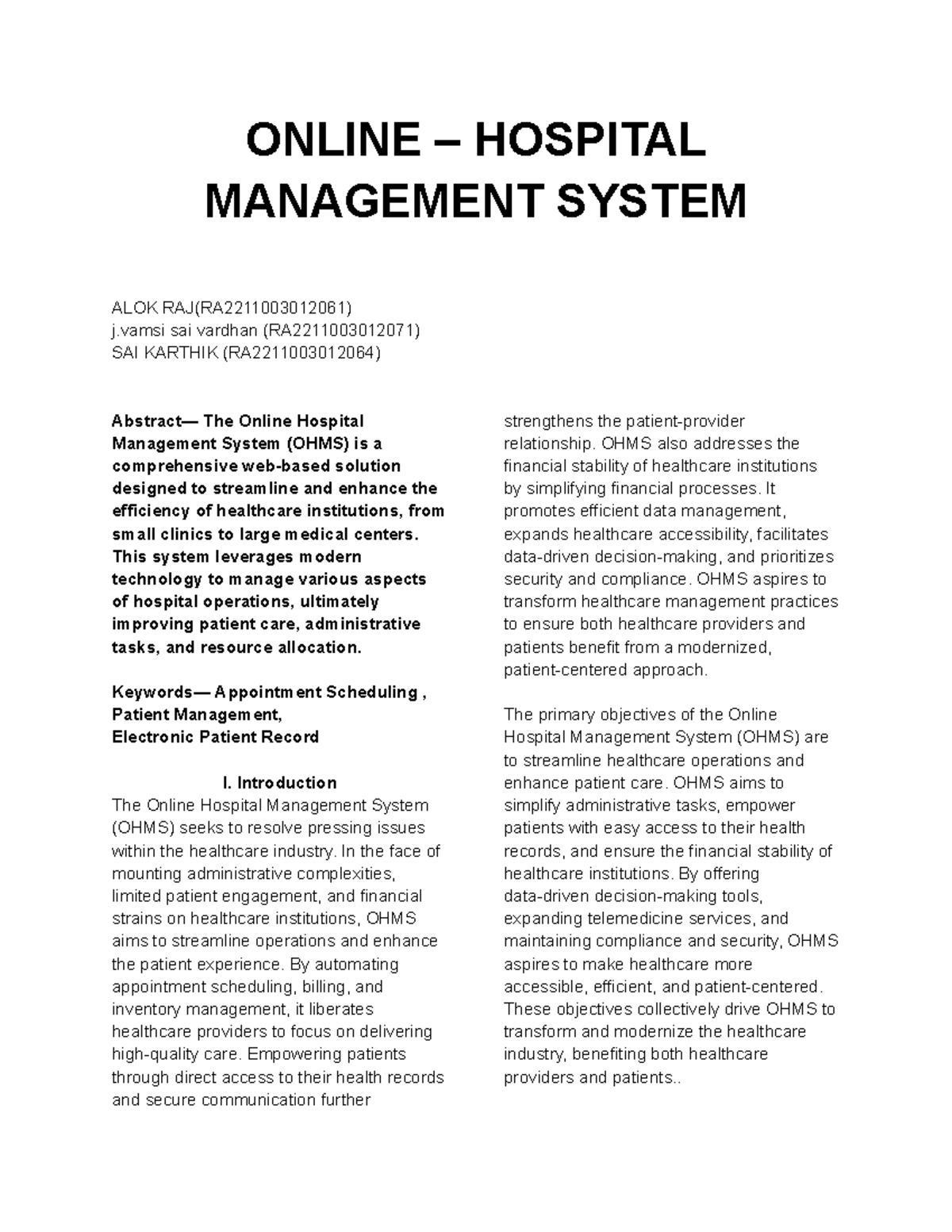 JAVA Project( Journal) - ONLINE – HOSPITAL MANAGEMENT SYSTEM ALOK RAJ ...