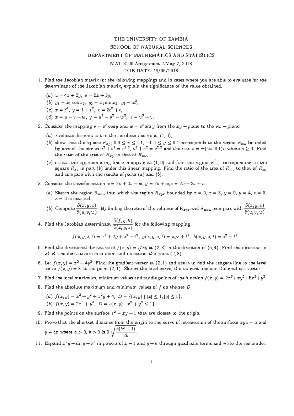 MAT3100 Assignment 2 - THE UNIVERSITY OF ZAMBIA SCHOOL OF NATURAL ...