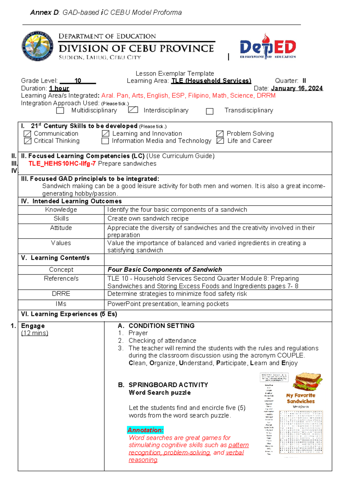 CO 2 DLP - lesson plan - Lesson Exemplar Template Grade Level: 10 ...