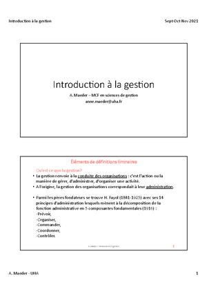 Introduction à la gestion - Introduction à la gestion Champ pluridisciplinaire : management ...