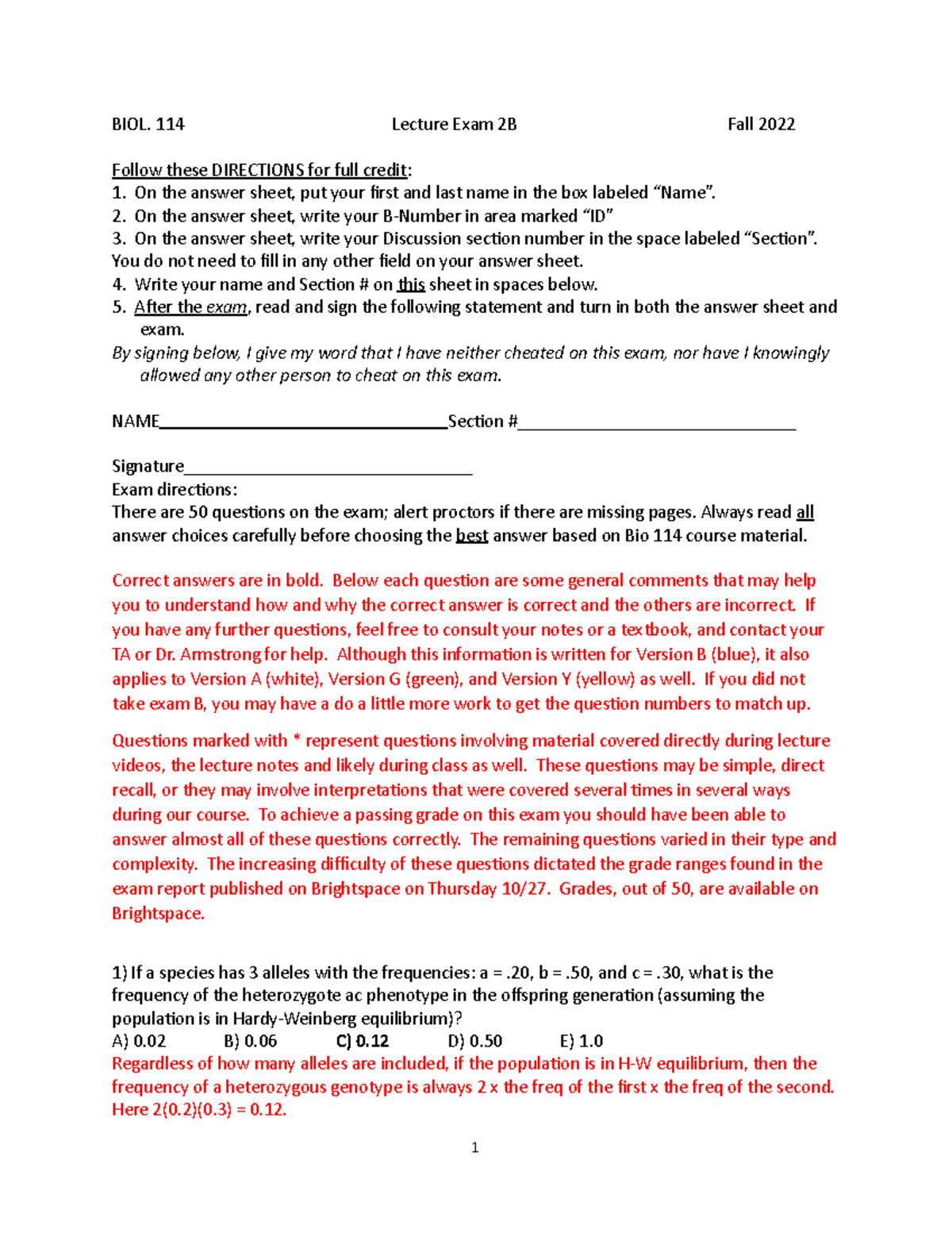 Exam 2B key - test overview - BIOL. 114 Lecture Exam 2B Fall 2022 ...