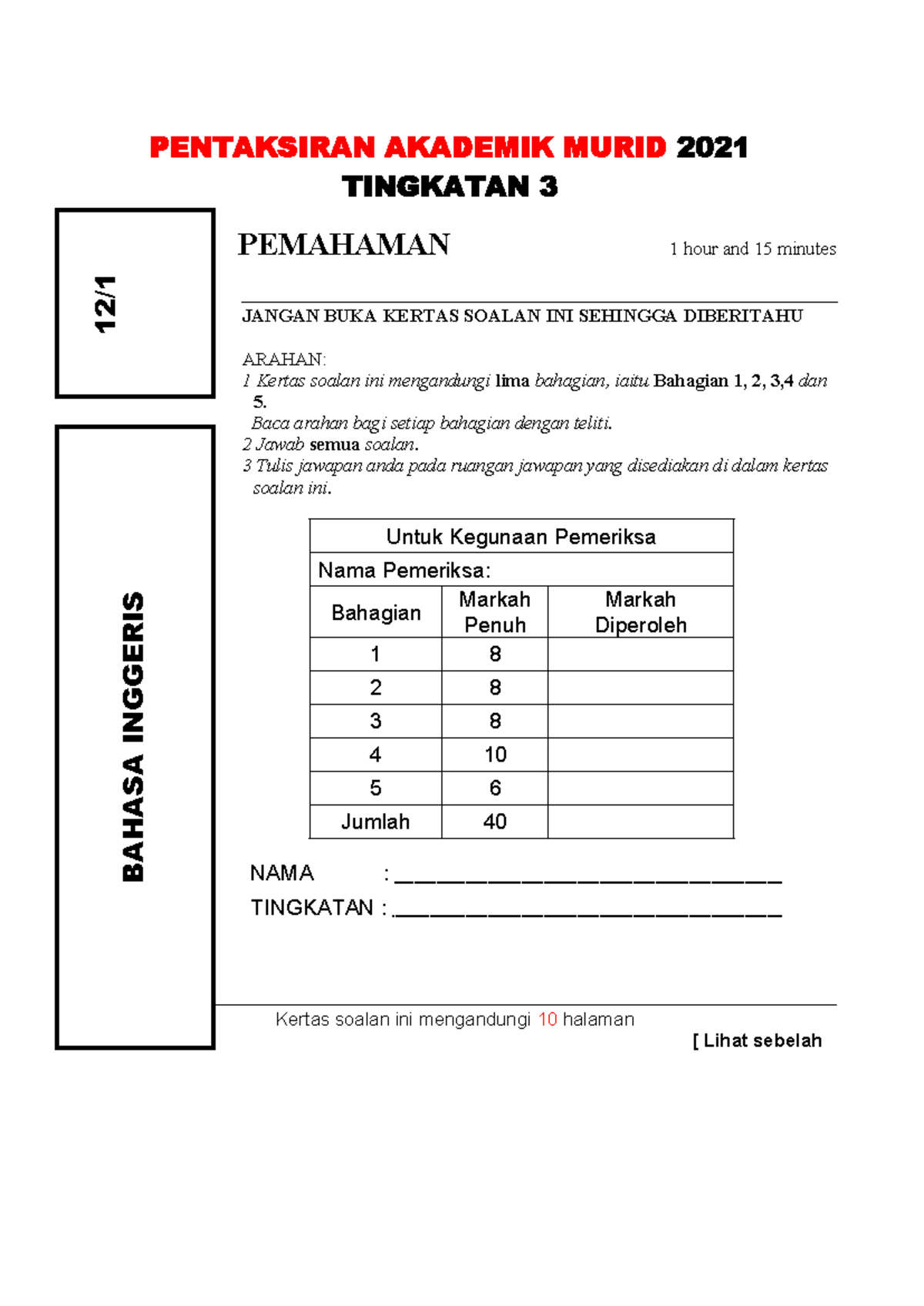 English Paper 1 FORM 3 set 2 - PENTAKSIRAN AKADEMIK MURID 2021 ...