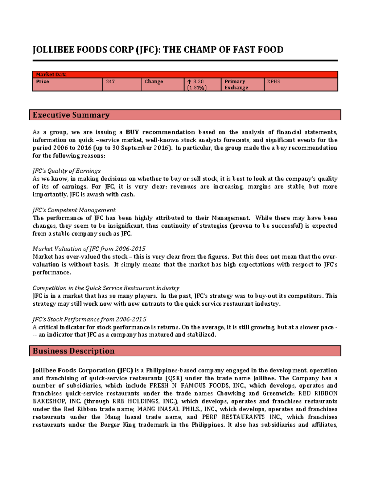 Jollibee foods corp the champ of fast food - JOLLIBEE FOODS CORP (JFC ...