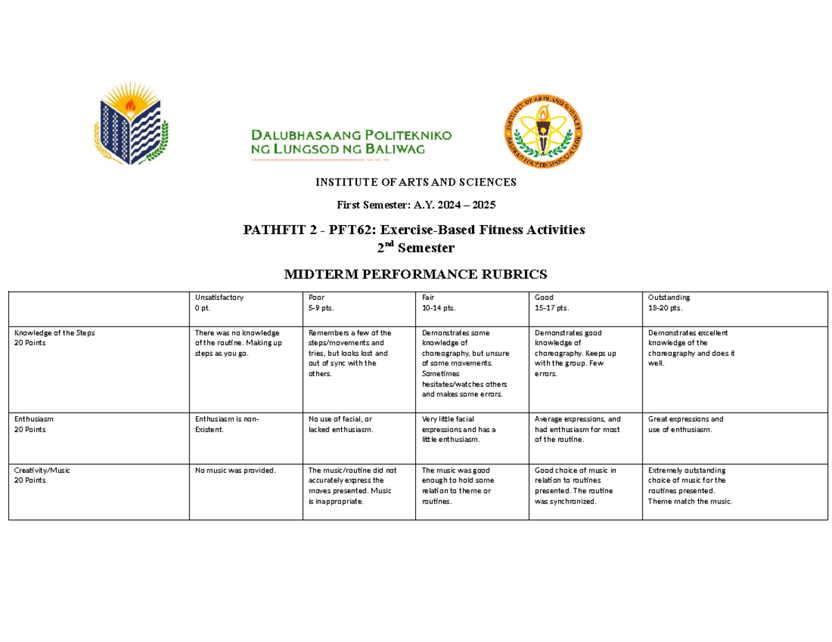 PFT62-rubrics - Rubrics - INSTITUTE OF ARTS AND SCIENCES First Semester ...