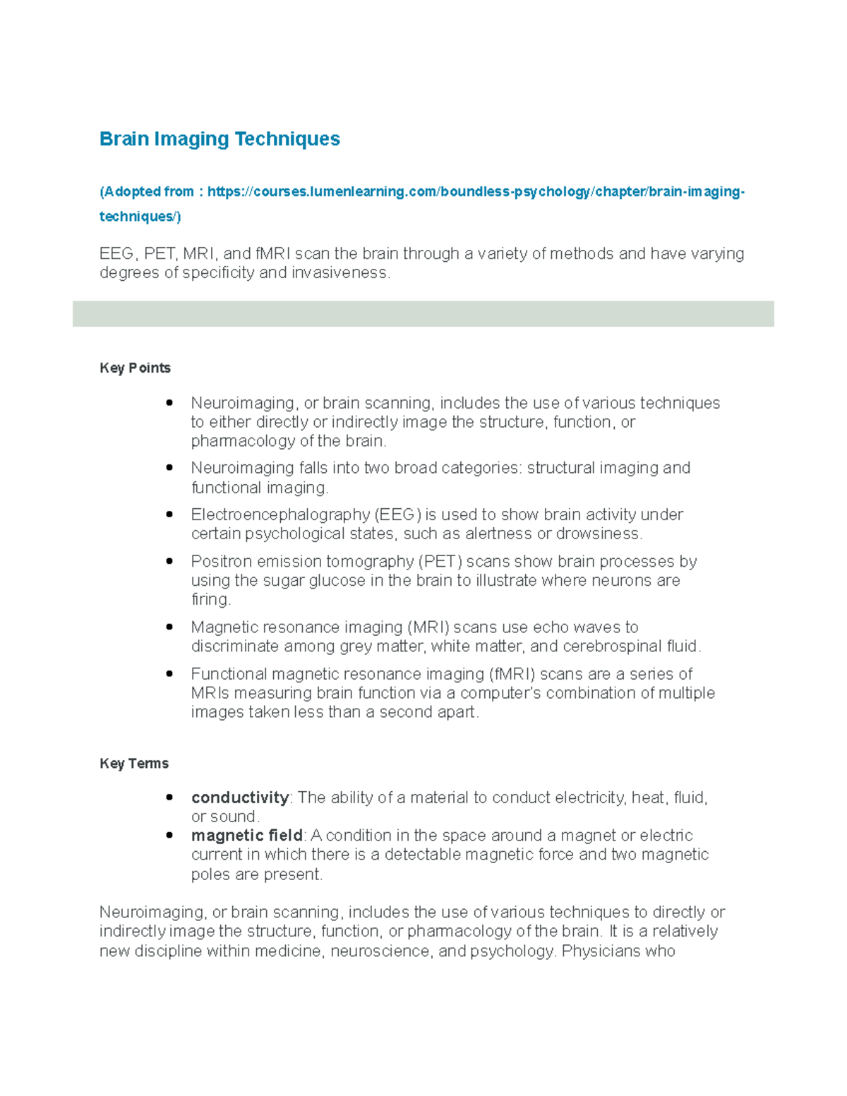 Neuroimaging - Guidance - Brain Imaging Techniques (Adopted from ...