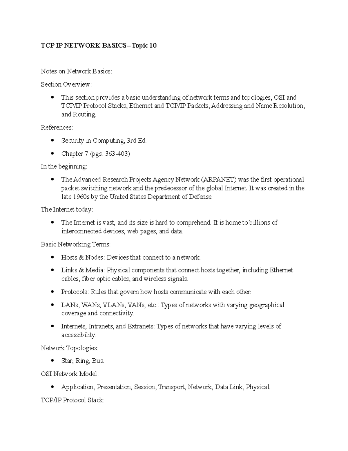 Topic 10 Detailed Summarized Notes For Security Class Tcp Ip Network Basics Topic 10 Notes
