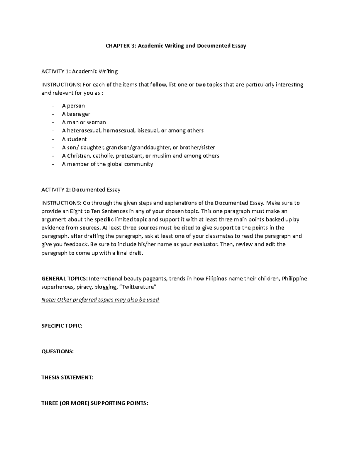 Learning Tasks three - CHAPTER 3: Academic Wriing and Documented Essay ...