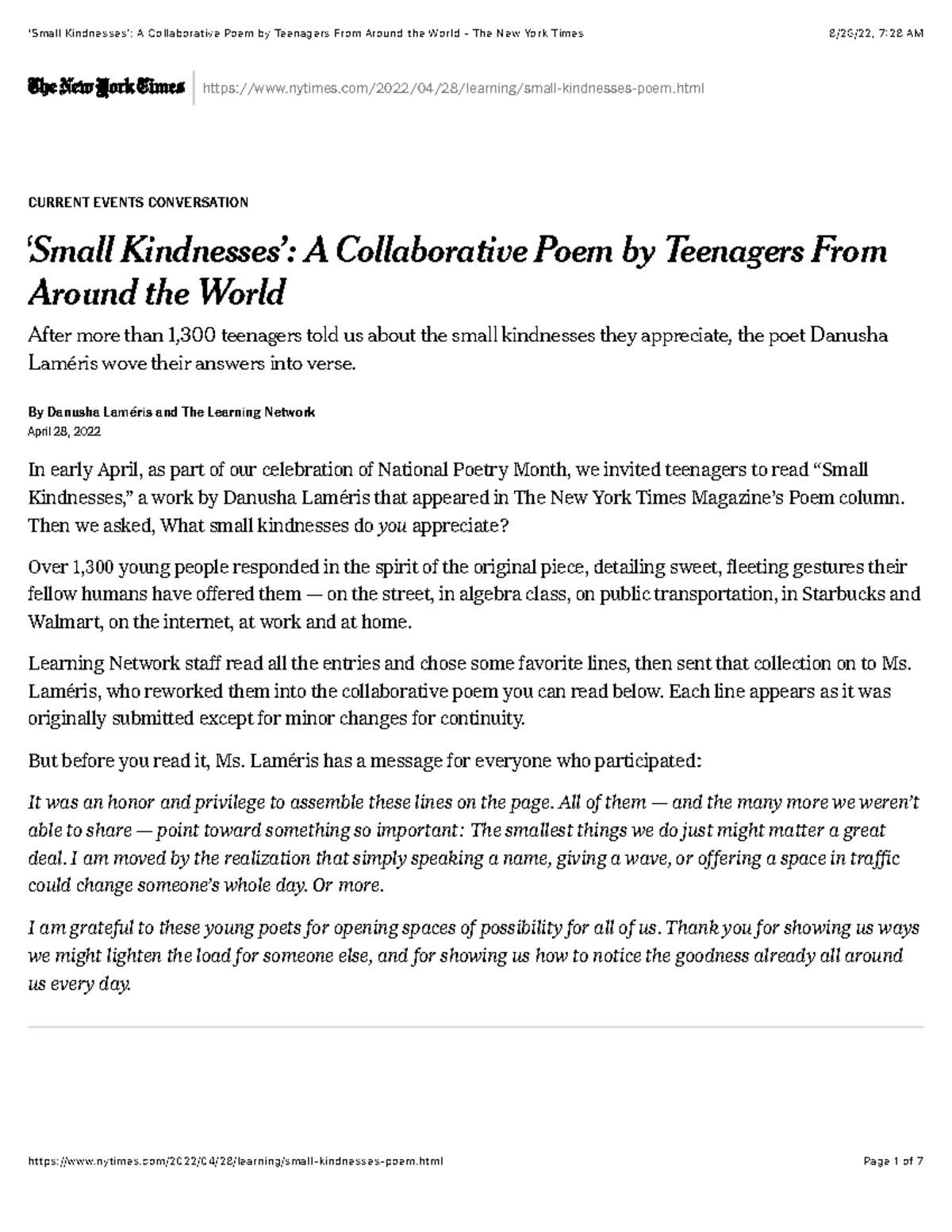 ‘Small Kindnesses’- A Collaborative Poem by Teenagers From Around the ...