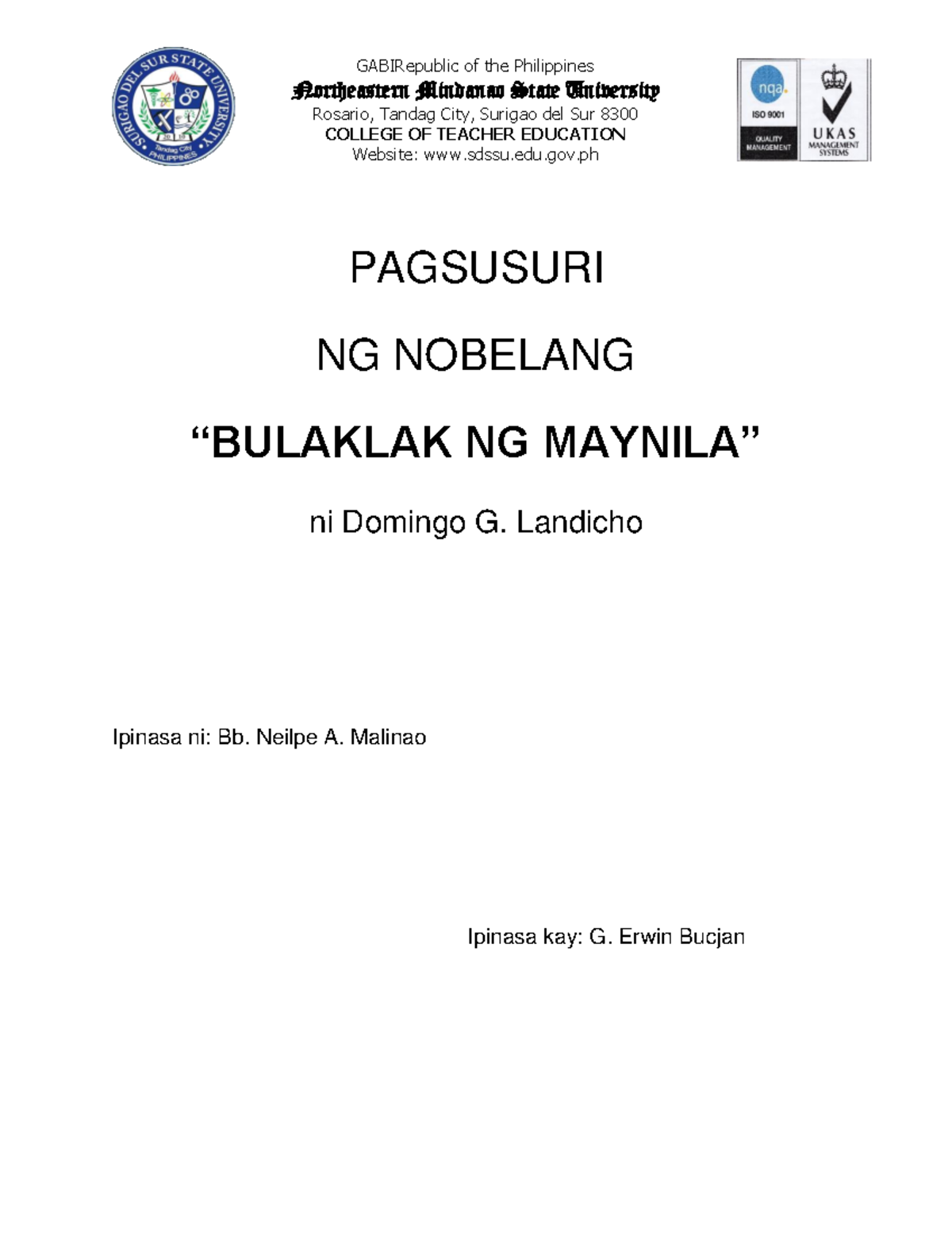 Prefinal+exam+pagsusuri+ng+nobela - Northeastern Mindanao State ...