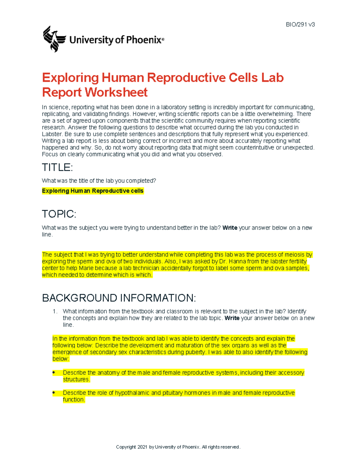 Bio291 v3 wk6 exploring human reproductive cells report - BIO/291 v ...