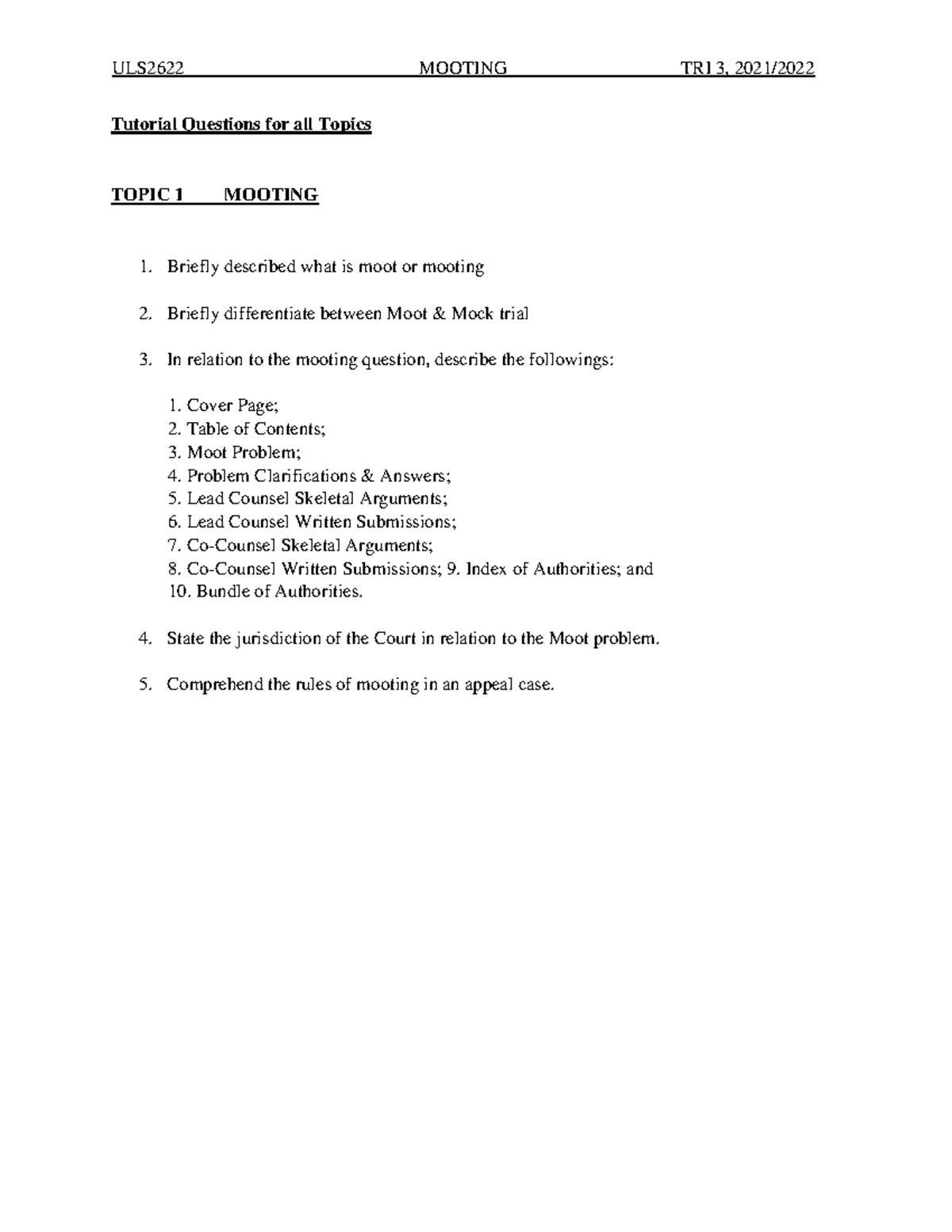 ULS2622 TRI 2130 Tutorial Questions FOR ALL Topics - ULS2622 MOOTING ...