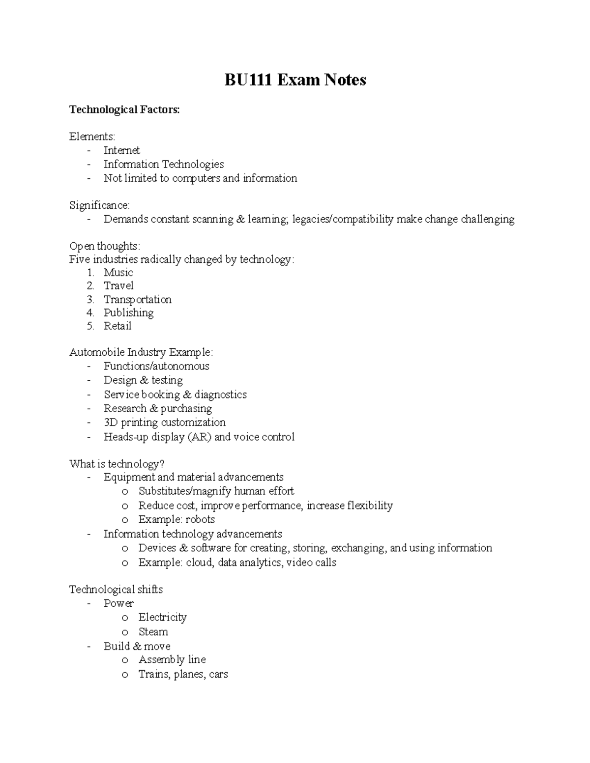 BU111 Exam Notes - BU111 Exam Notes Technological Factors: Elements ...