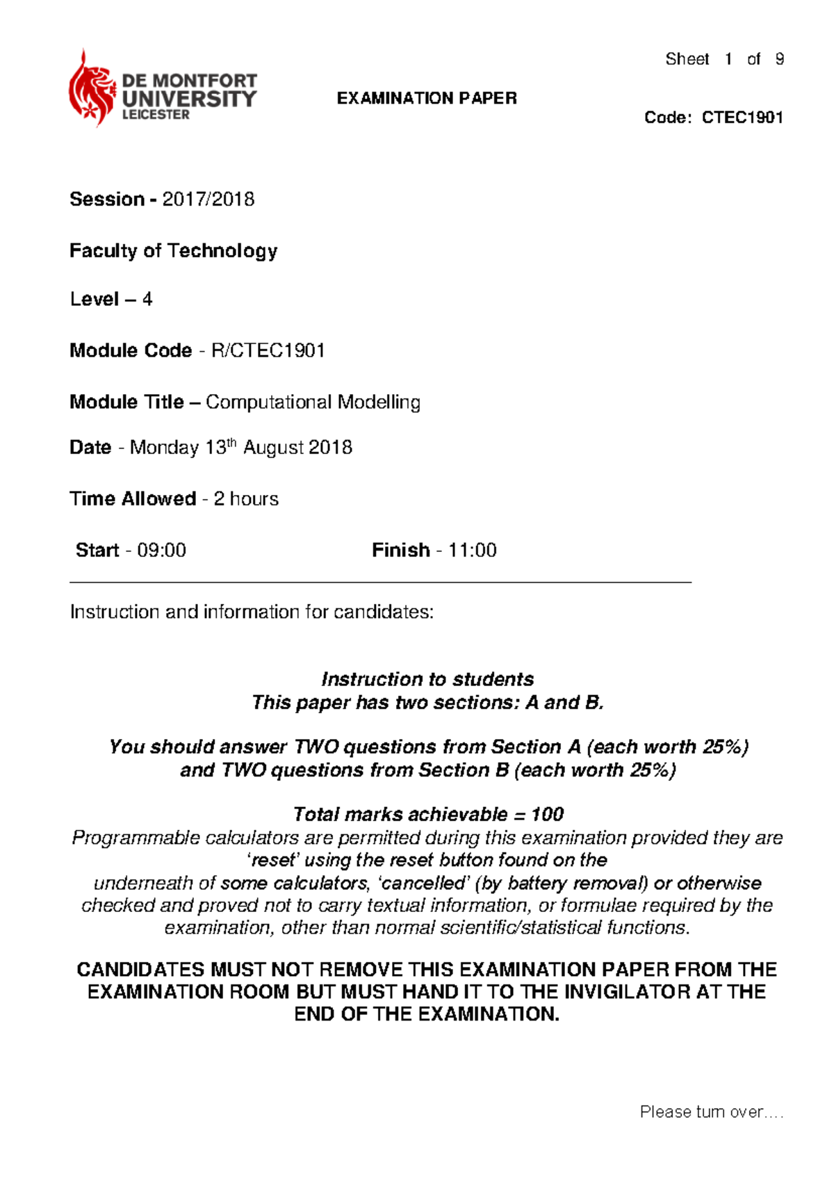 CTEC1901 2018 Exam - Sheet 1 of 9 EXAMINATION PAPER Code: CTEC Session ...