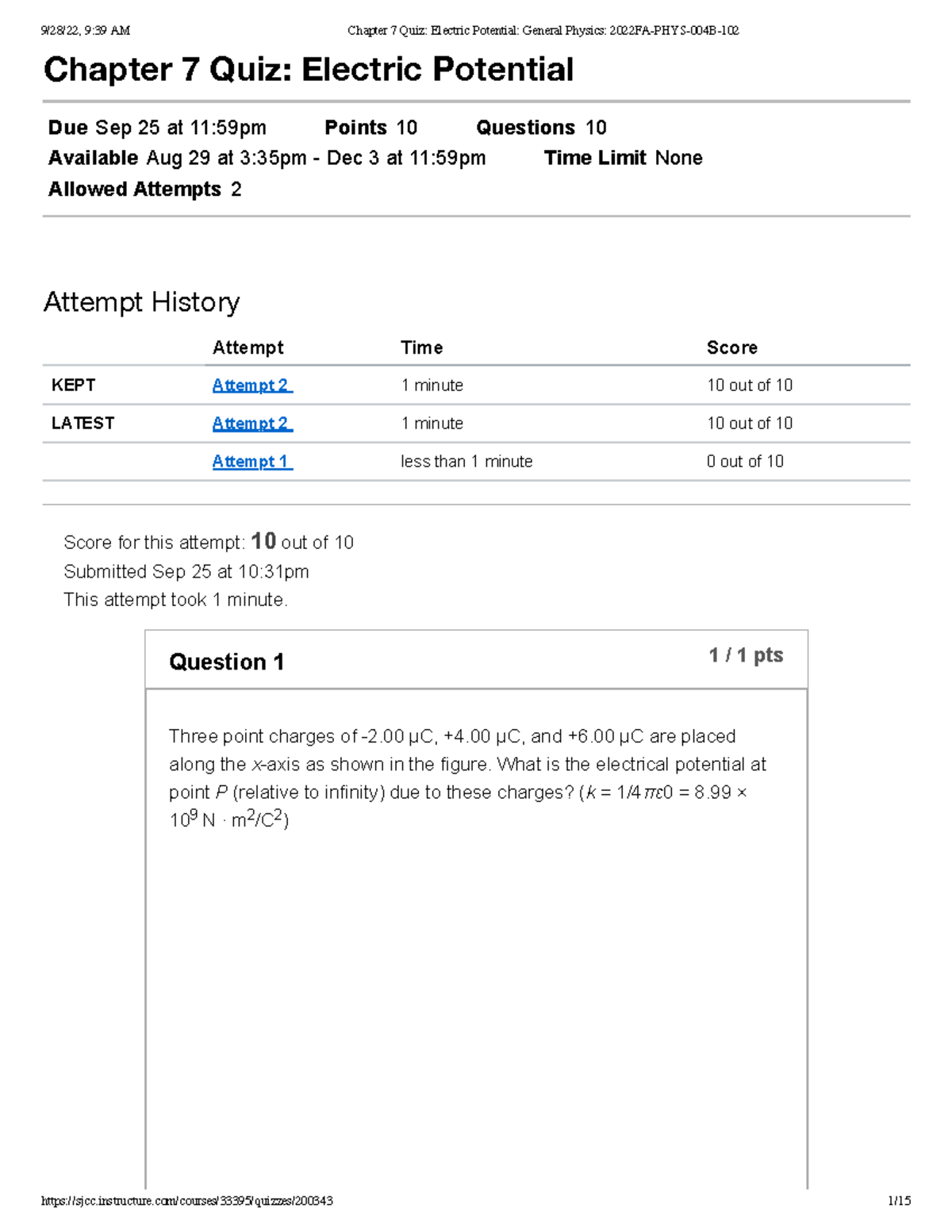 Chapter 7 Quiz Electric Potential General Physics 2022FA-PHYS-004B-102 ...