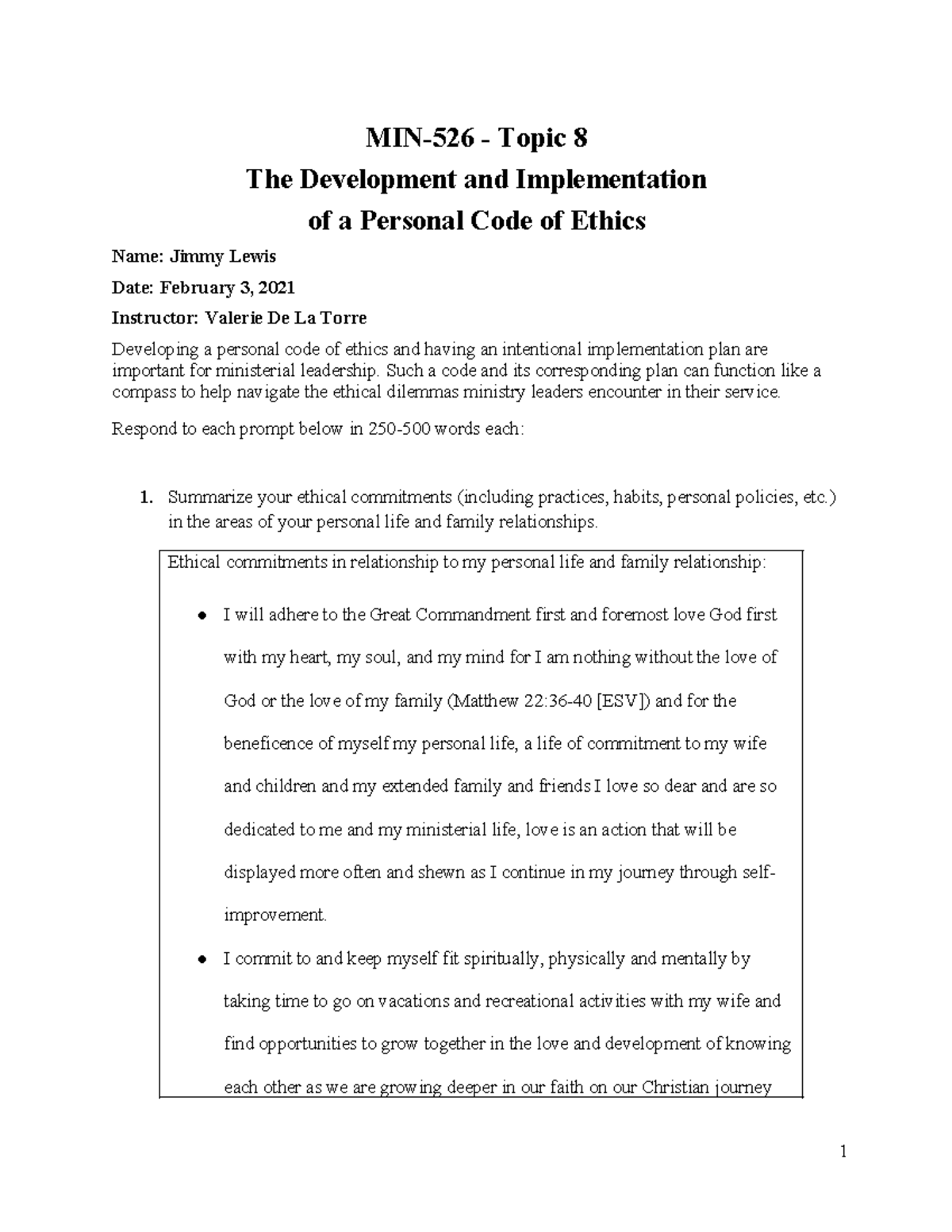MIN 526 RS T8 Developmentof Personal Codeof Ethics - MIN-526 - Topic 8 ...