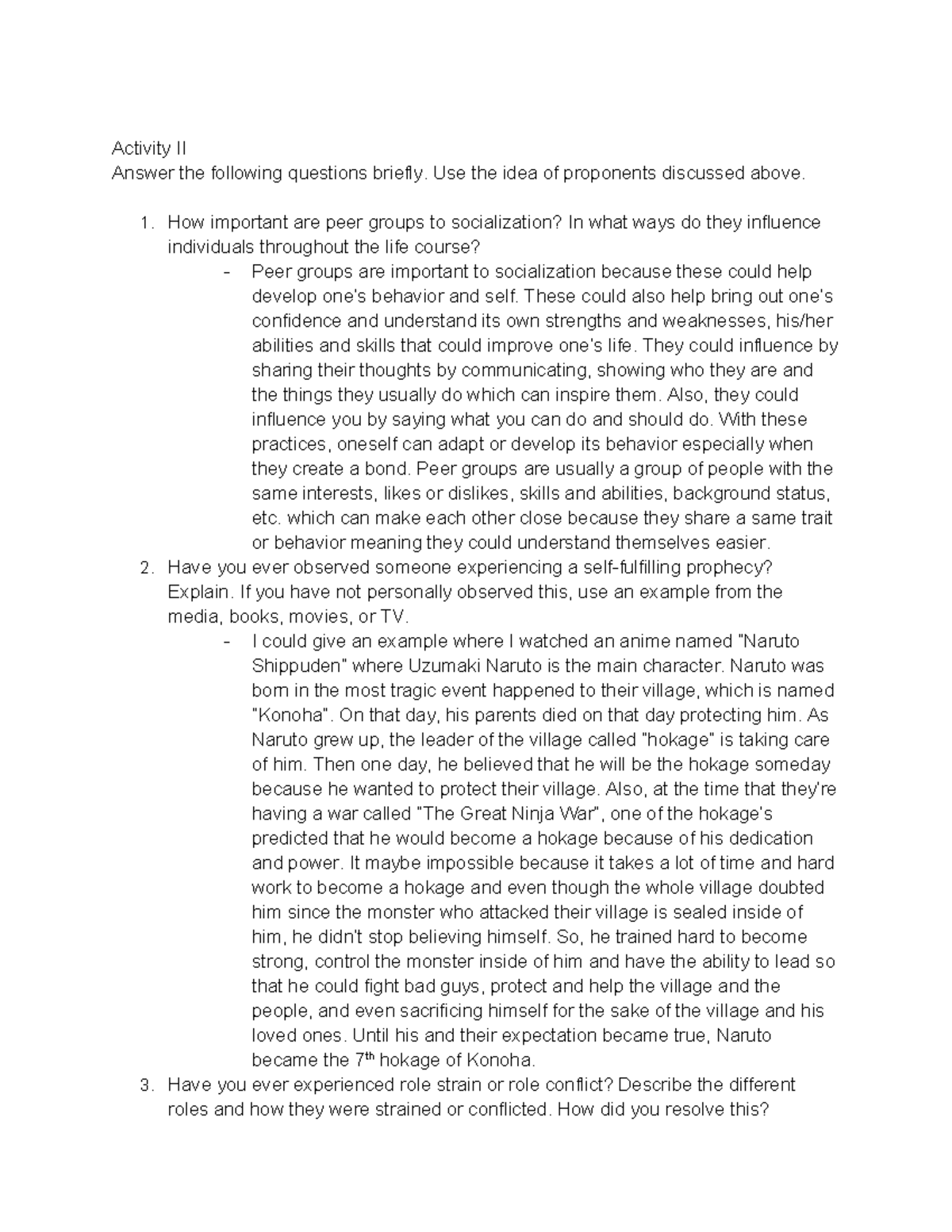 Lesson 2 Sociology - Activities in UTS - Activity II Answer the ...