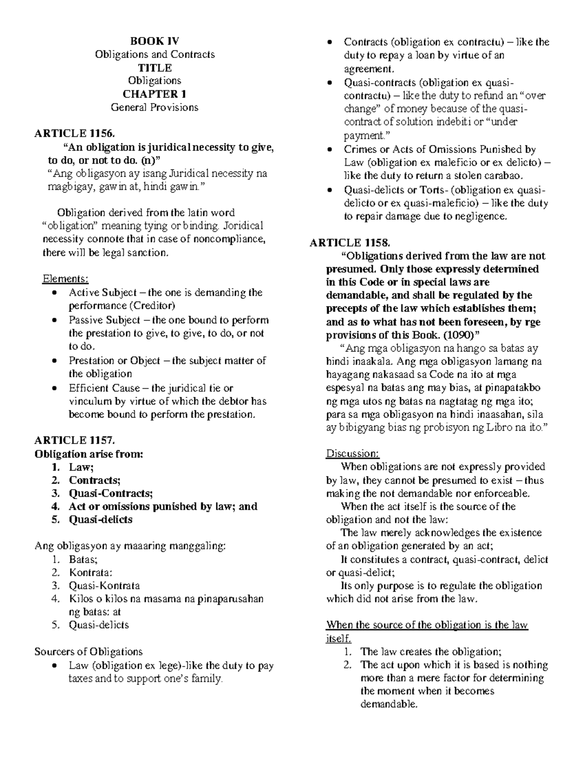 Article 1156-1162 - BOOK IV Obligations and Contracts TITLE Obligations ...