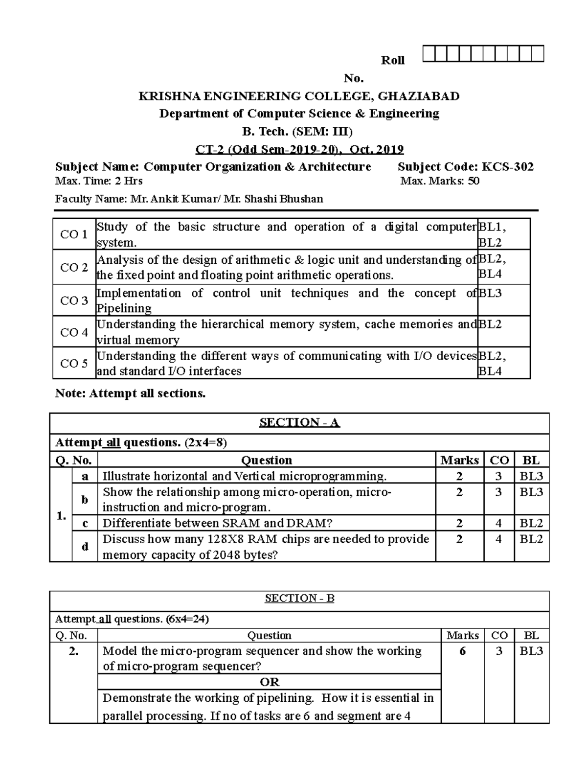 Ct2 Coa Kcs 302 Vfghfgg Roll No Krishna Engineering College Ghaziabad Department Of